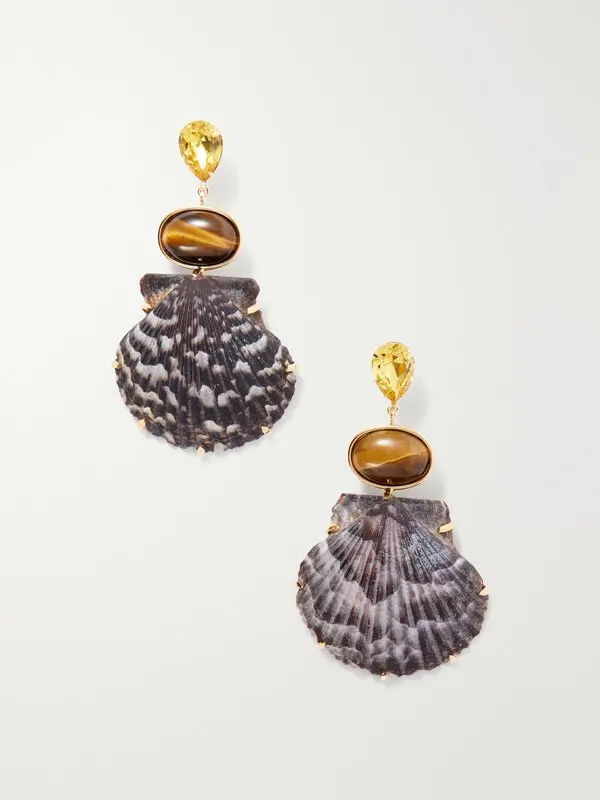 JENNIFER BEHR Augustine Gold-tone Crystal And Tiger Eye Embellished Seashell Drop Earrings - Brown