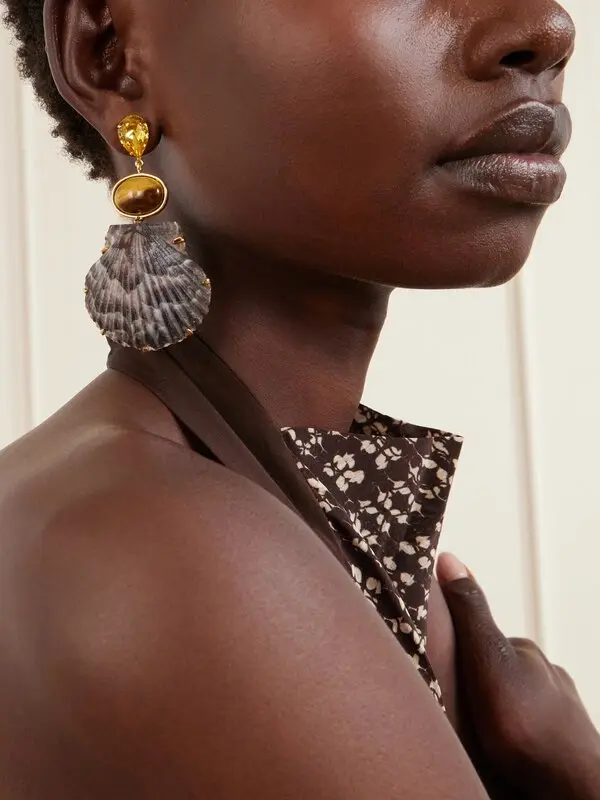 JENNIFER BEHR Augustine Gold-tone Crystal And Tiger Eye Embellished Seashell Drop Earrings