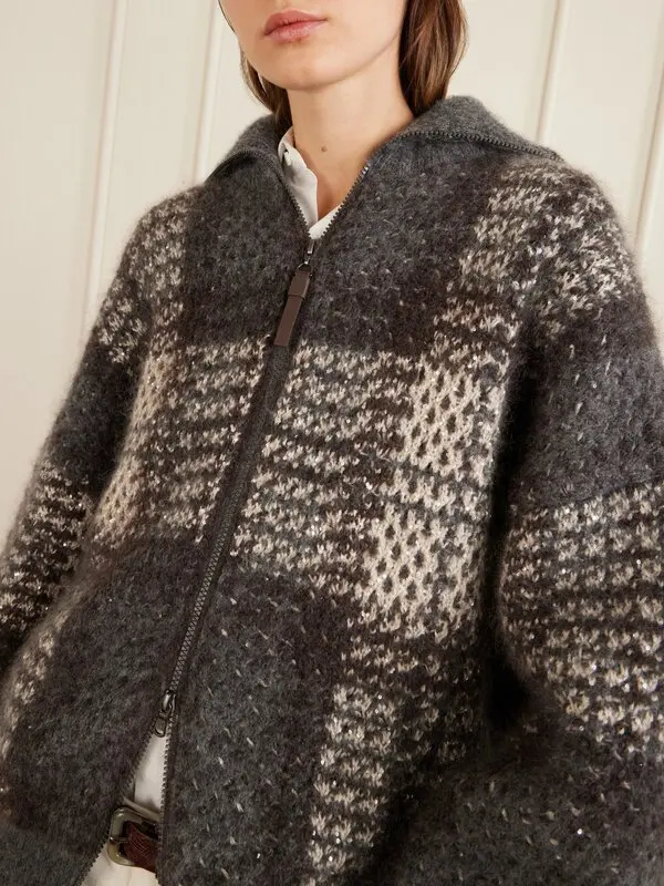 Brunello Cucinelli Sequined Checked Knit Jacket