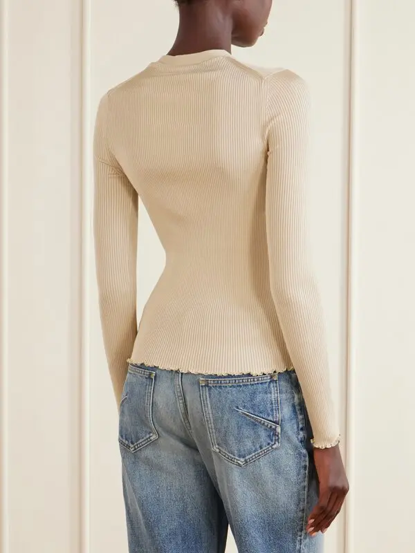 Alaïa Ribbed Silk-blend Top With Lettuce Hem - Neutrals