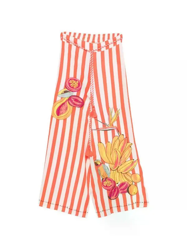 Farm Rio Striped Palazzo Pants With Fruit Embroidery - Red