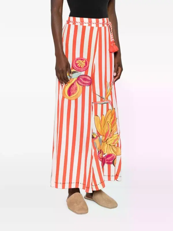 Farm Rio Striped Palazzo Pants With Fruit Embroidery