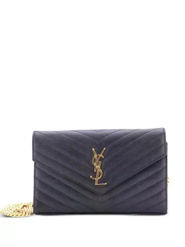 Saint Laurent Classic Monogram Wallet On Chain Matelasse Chevron Leather Medium Crossbody Bag - Black