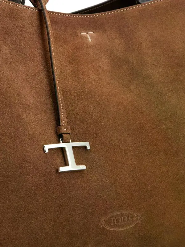 TOD'S Suede Tote Bag With T Timeless Detail - Brown