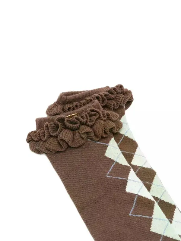 GANNI Ruffled Trim Argyle Knee High Socks - Brown