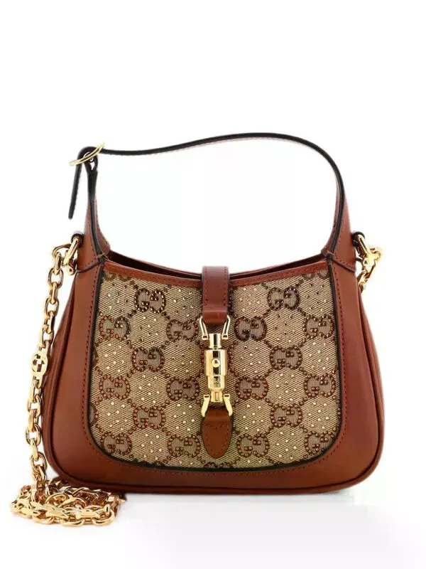 Gucci Jackie 1961 Chain Crystal Embellished Gg Canvas Mini Hobo Bag - Brown