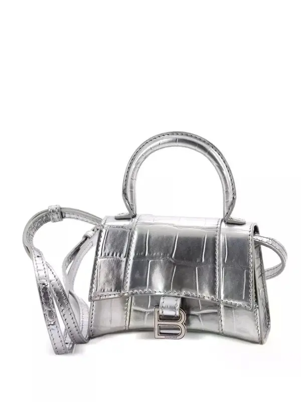 Balenciaga Hourglass Top Handle Bag Crocodile Embossed Leather Mini Crossbody Bag - Metallic