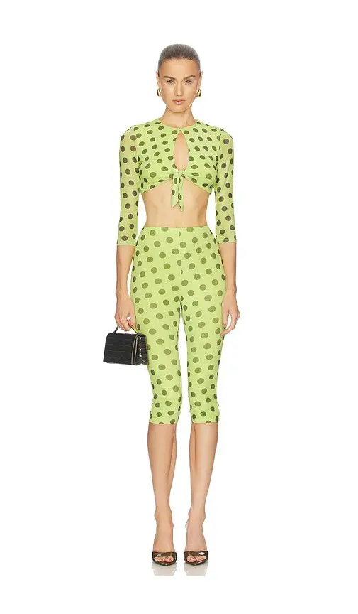 AFRM Nisha Cropped Mesh Top With Polka Dot Print And Front Tie Detail
