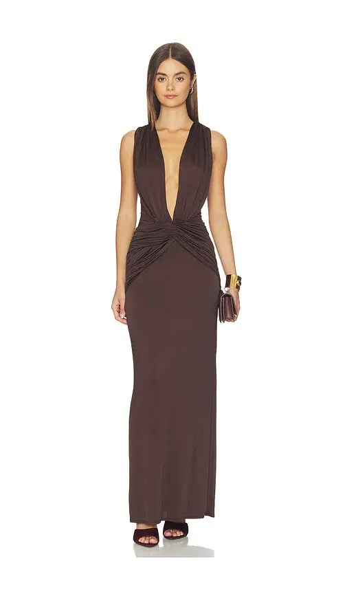 Shona Joy Sleeveless Plunged Maxi Dress - Chocolate