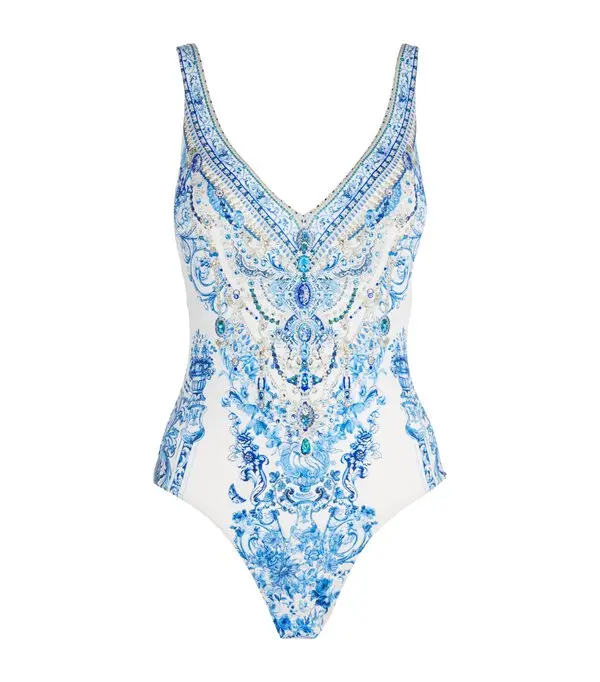 Camilla Embellished Printed One Piece Swimsuit - Blue