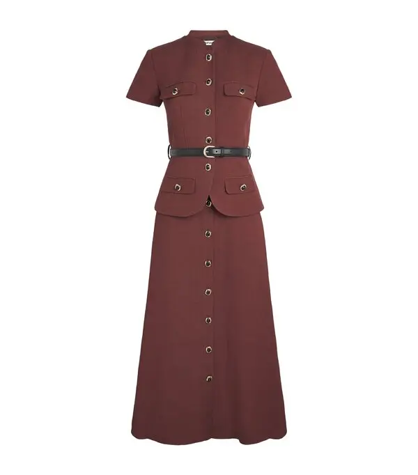 SELF-PORTRAIT Peplum-waist Midi Shirt Dress - Brown