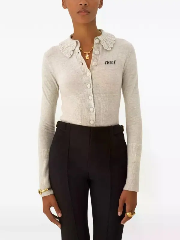 Chloé Crochet-collar Logo-embroidered Cardigan - Grey