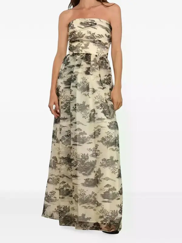 Max Mara Strapless Landscape Print Maxi Dress - Neutrals