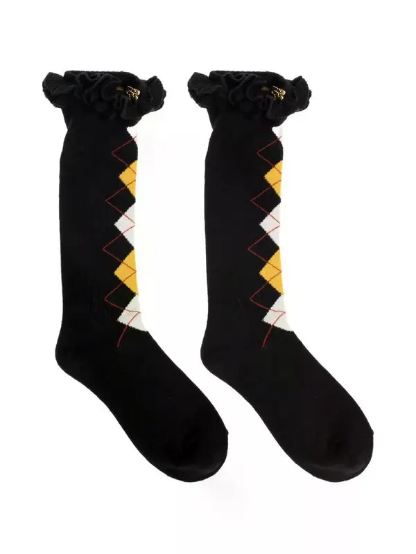 GANNI Argyle Knit Ruffled Knee High Socks - Black