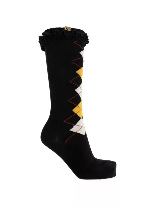 GANNI Argyle Knit Ruffled Knee High Socks - Black