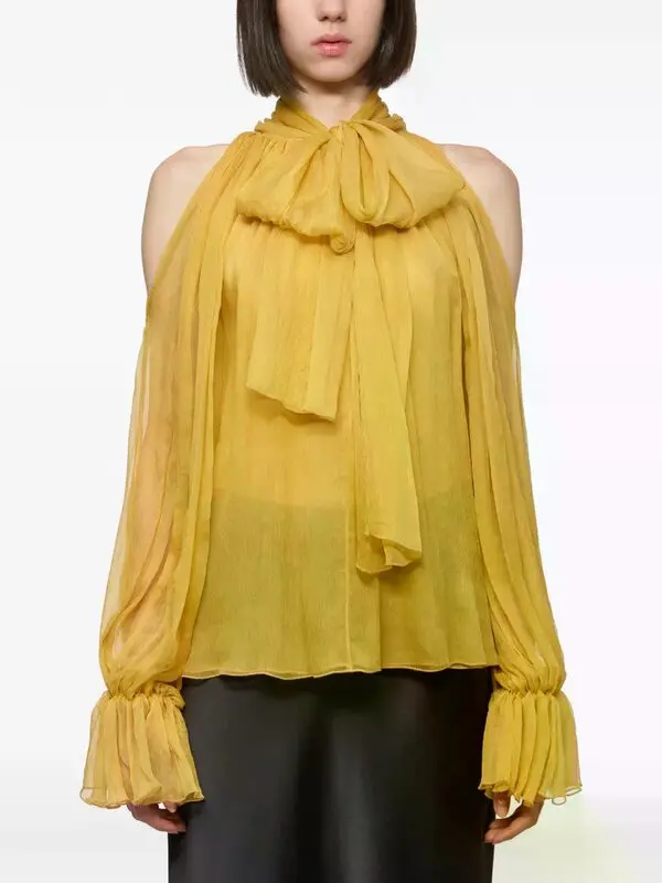 ATU BODY COUTURE Cold-shoulder Pussy-bow Blouse - Yellow