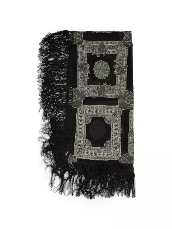Vintage Floral-print Fringed Scarf - Black