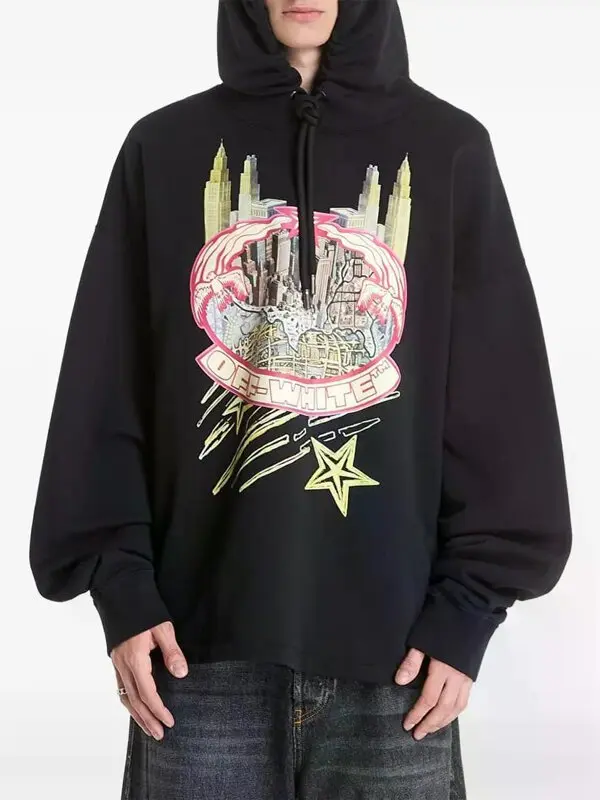 Off-White Graphic Print Drawstring Hoodie - Black