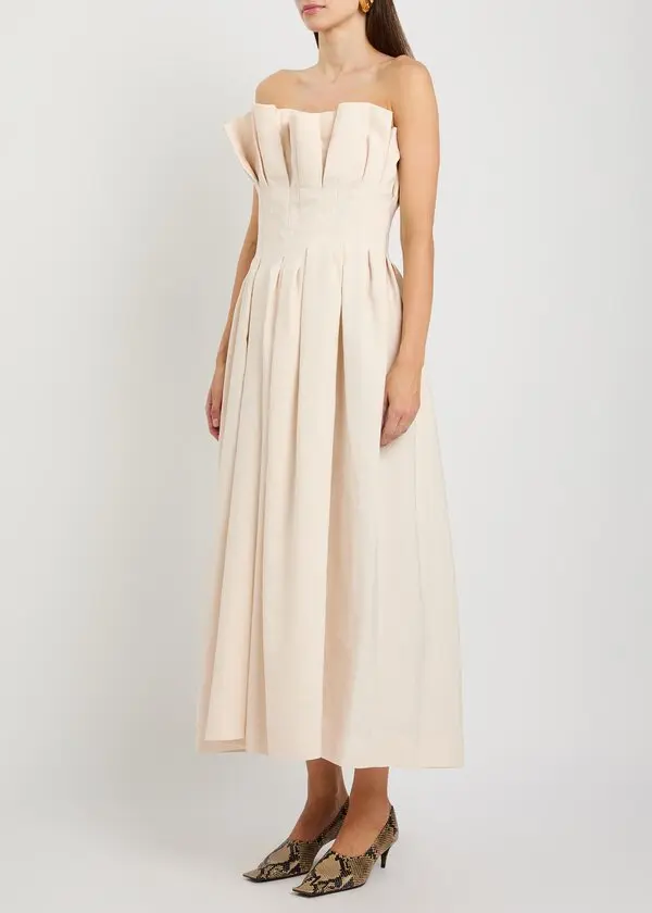 Khaite Claude Pleated Woven Midi Dress - Cream