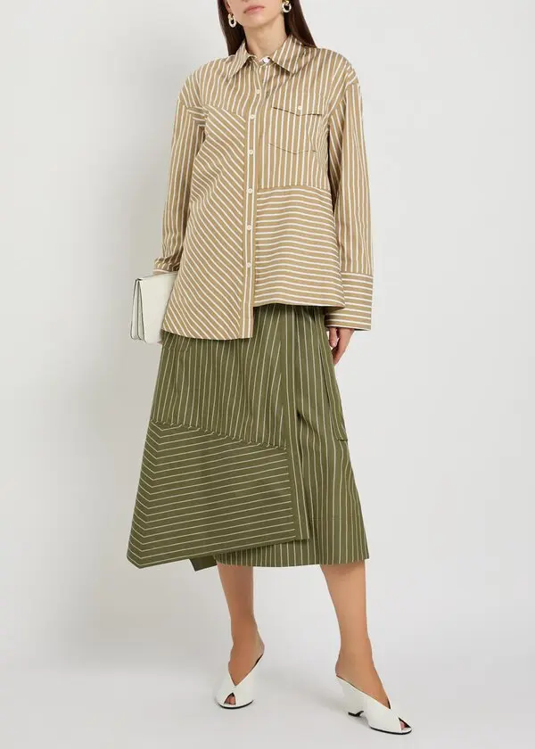 3.1 Phillip Lim Striped Cotton-poplin Wrap Midi Skirt - Olive
