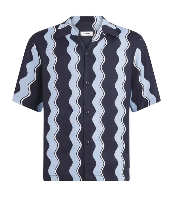 Sandro Linen-blend Waves Print Shirt - Blue