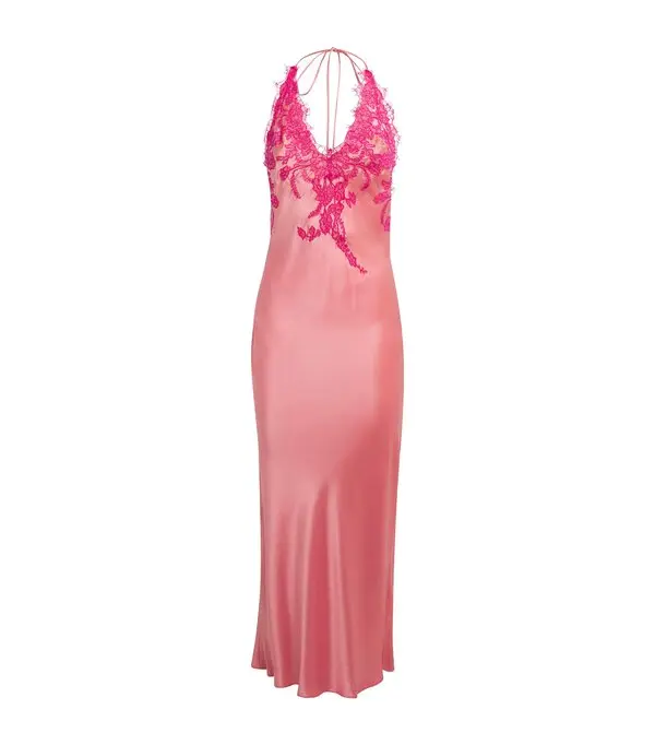TORLOWEI Silk Midi Slip Dress With Lace Appliqu - Pink