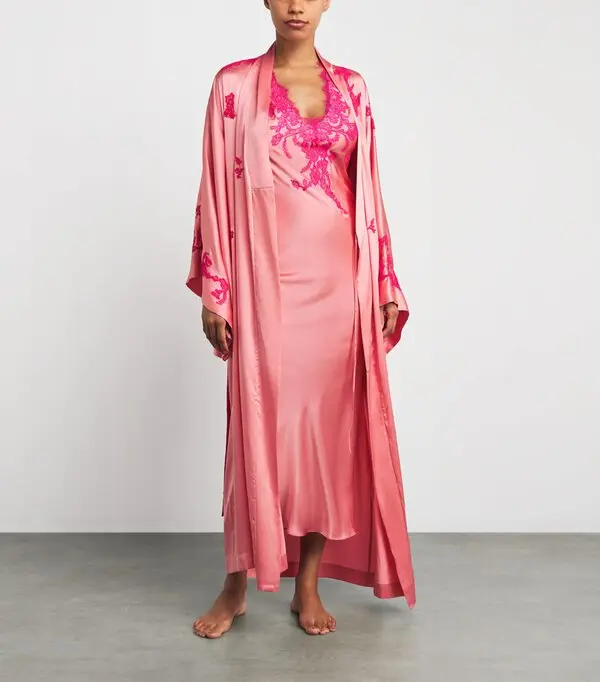 TORLOWEI Silk Midi Slip Dress With Lace Appliqu