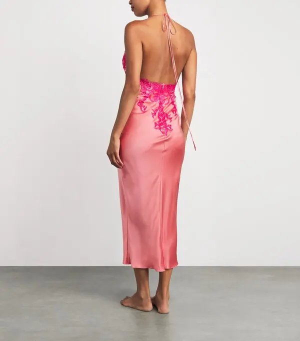 TORLOWEI Silk Midi Slip Dress With Lace Appliqu