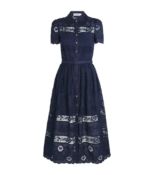 SELF-PORTRAIT Ramie Embroidered Midi Shirt Dress - Navy