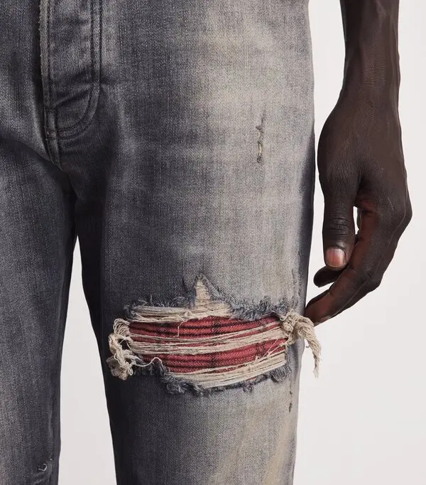 Amiri Ripped Skinny Jeans With Flannel Inlays