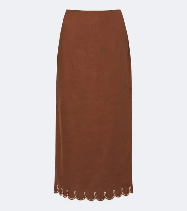 Veronica Beard Malou Embroidered Linen Midi Skirt - Brown