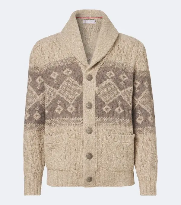 Brunello Cucinelli Intarsia Wool, Silk, And Cashmere Cardigan