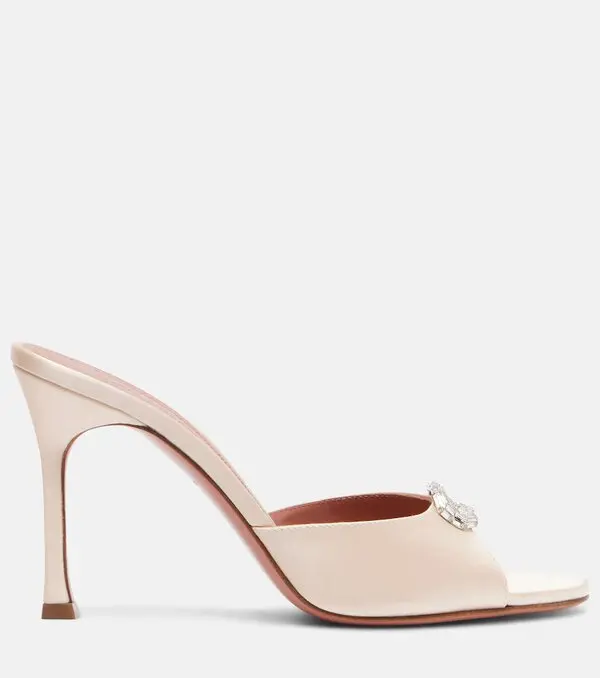 Amina Muaddi Embellished Satin Mules - Beige