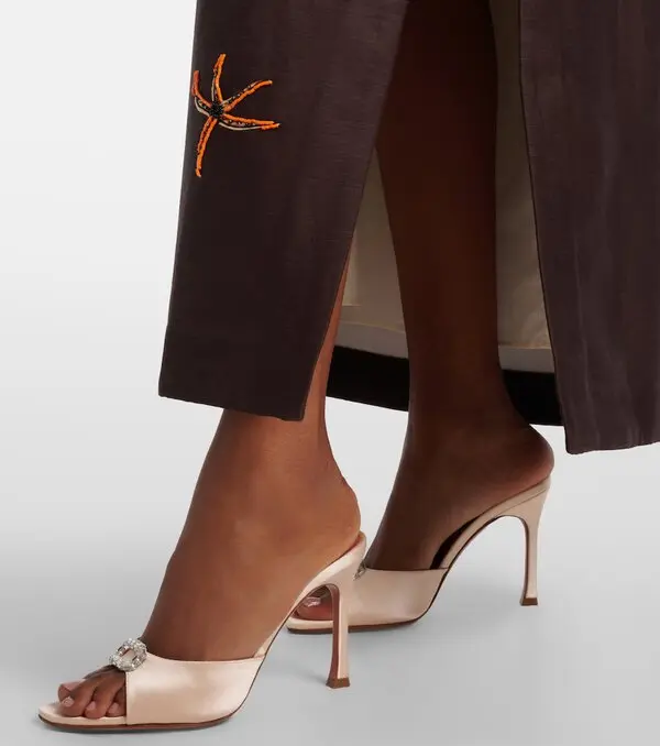 Amina Muaddi Embellished Satin Mules - Beige