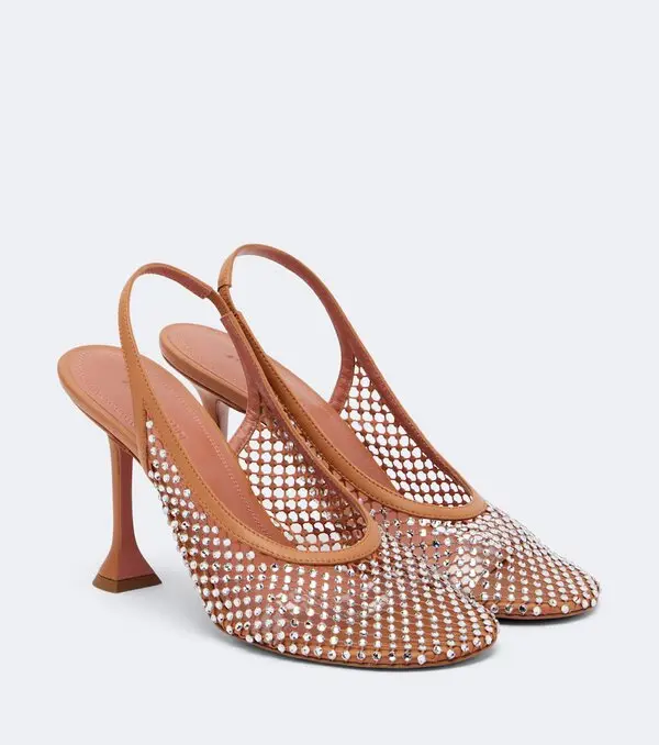Amina Muaddi Dolly Crystal Embellished Slingback Pumps - Brown