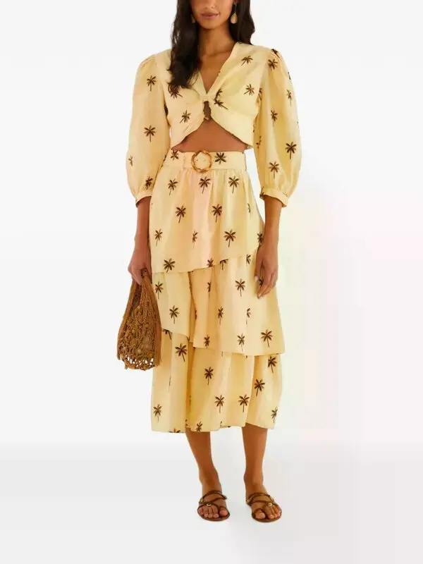Farm Rio Belted Midi Skirt With Palm Tree Embroidery - Yellow