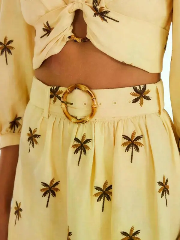 Farm Rio Belted Midi Skirt With Palm Tree Embroidery