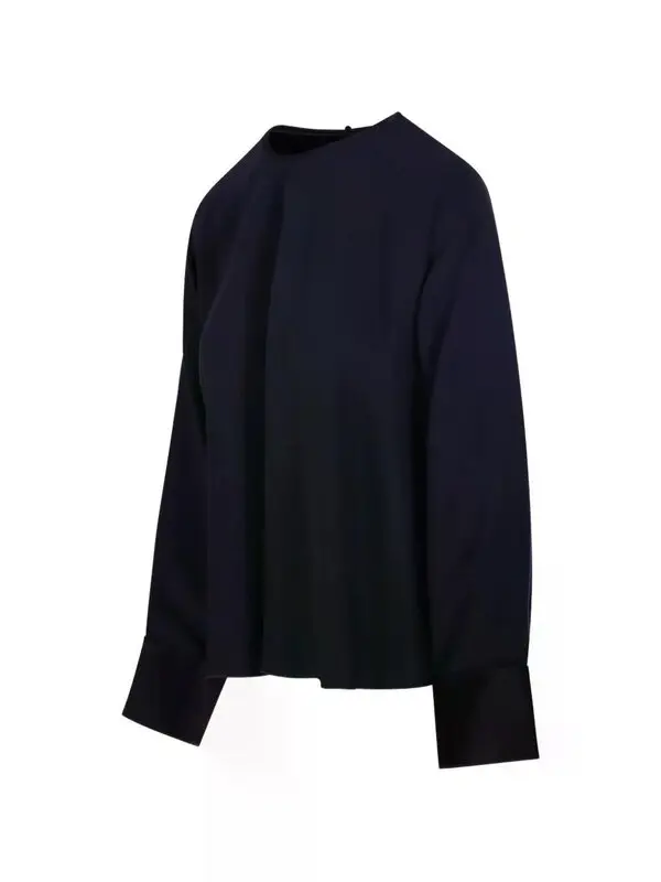 FORTE_FORTE Long Sleeve Blouse With Round Neck And Keyhole Detail - Blue