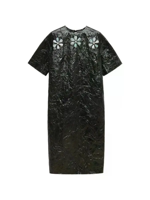 Marni Crinkled Taffeta Midi Dress With Embellished Daisies - Black