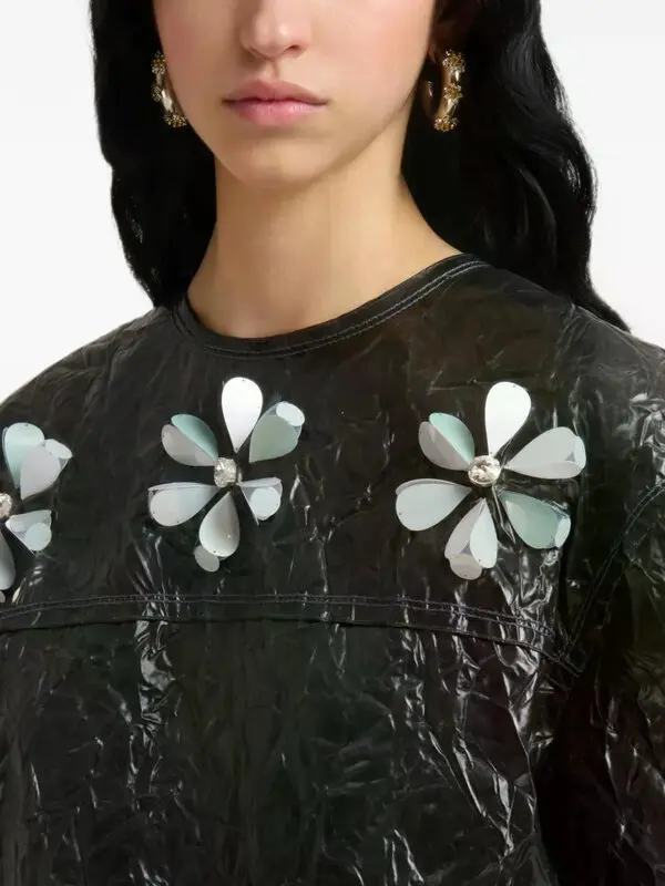 Marni Crinkled Taffeta Midi Dress With Embellished Daisies - Black