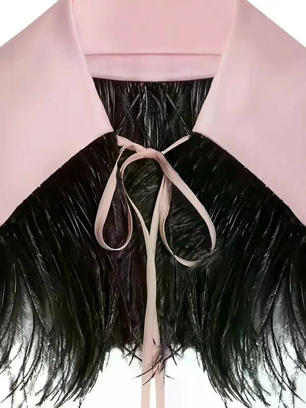 La DoubleJ La Scala Feather-trim Collar With Contrast Front Tie - Black