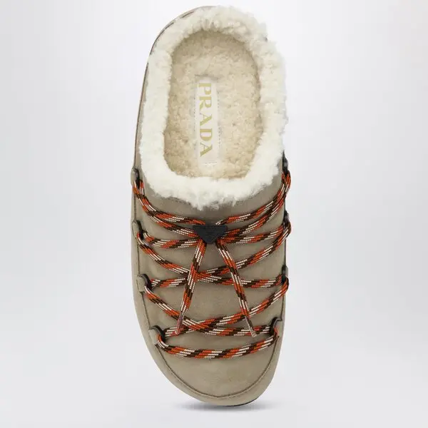 Prada Suede Shearling Lined Clogs - Beige