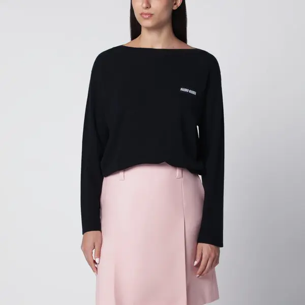 Miu Miu Virgin Wool Sweater With Logo Intarsia - Blue