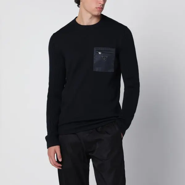 Prada Wool Crewneck Sweater With Re-nylon Pocket - Blue