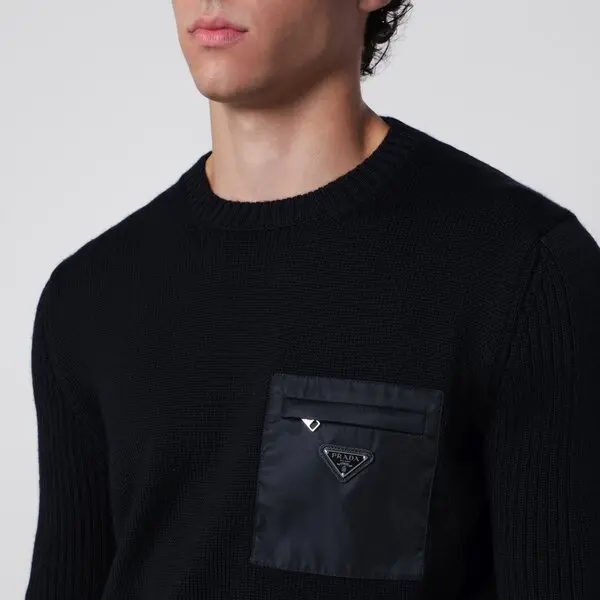 Prada Virgin Wool Crewneck Sweater With Re-nylon Pocket