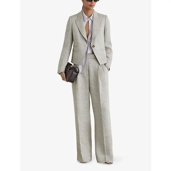 REISS Ezra Cropped Linen-blend Herringbone Blazer
