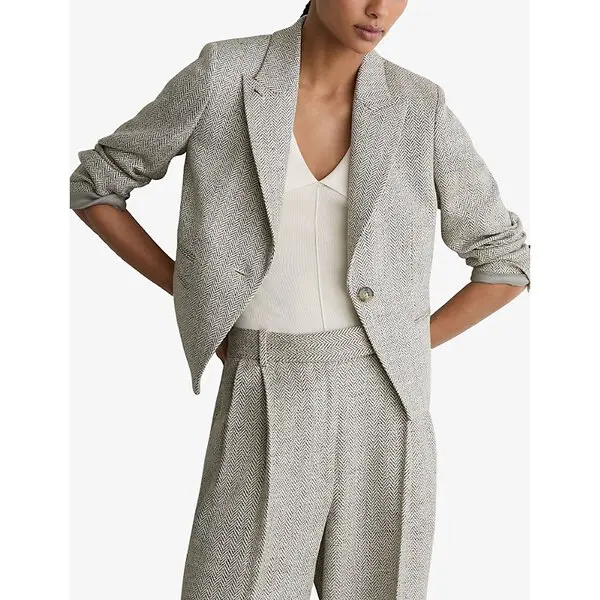 REISS Ezra Cropped Linen-blend Herringbone Blazer