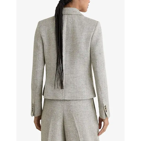 REISS Ezra Cropped Linen-blend Herringbone Blazer