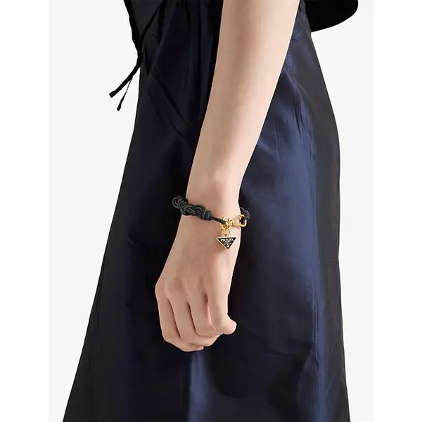 Prada Braided Leather Bracelet With Enamelled Triangle Logo
