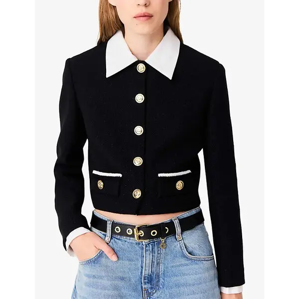 Maje Cropped Tweed Jacket With Detachable Collar And Cuffs